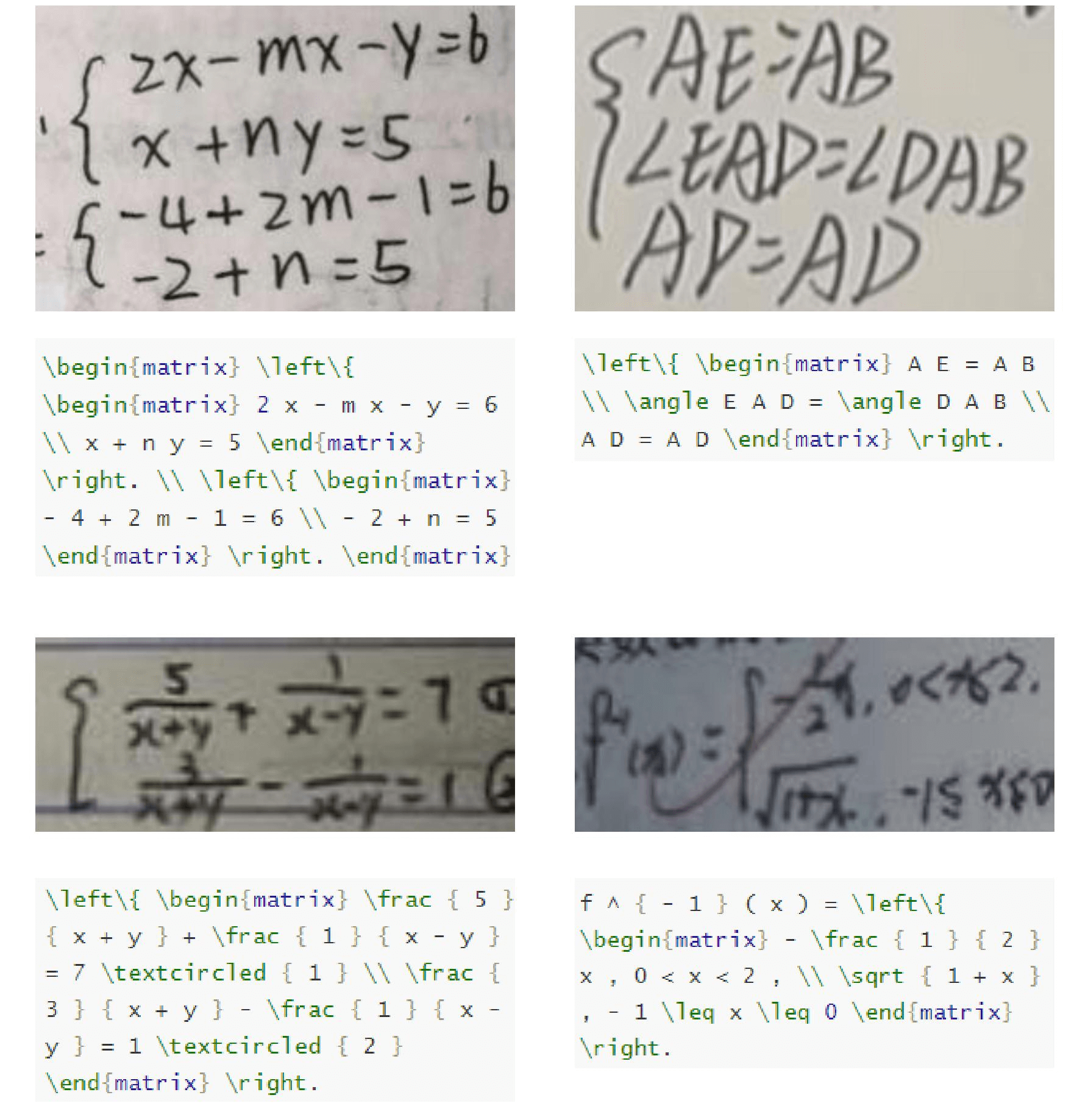 Figure 1. Some multi-line mathematical expressions from our MLHME-38K dataset.